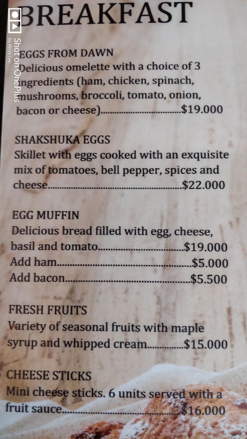 Menu at Cambria restaurant, Medellín