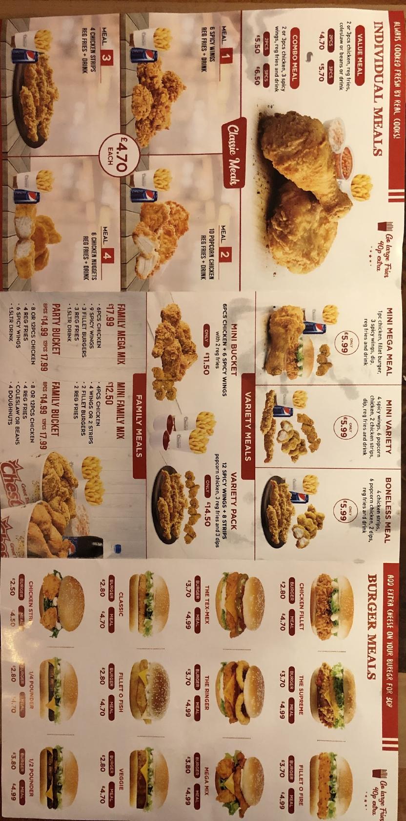 Menu at Chesters restaurant, Nelson