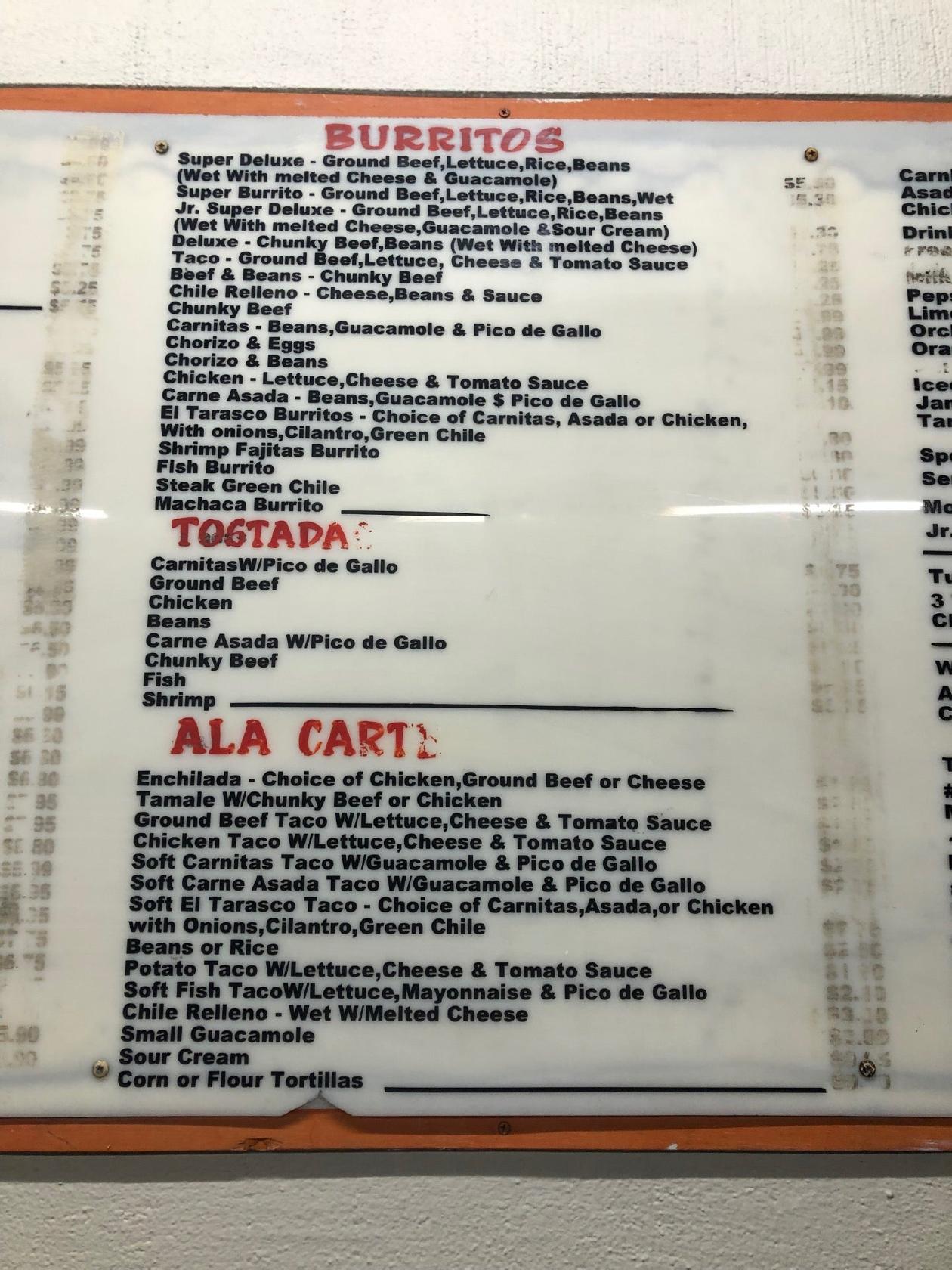 Menu at El Tarasco Mexican Food restaurant, Inglewood, Imperial Hwy.