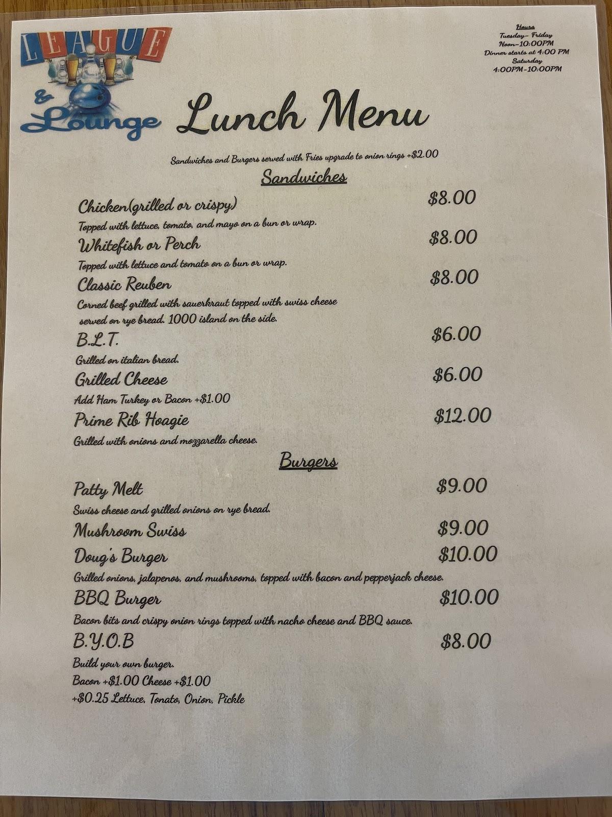 Menu at League & Lounge pub & bar, Saint Ignace