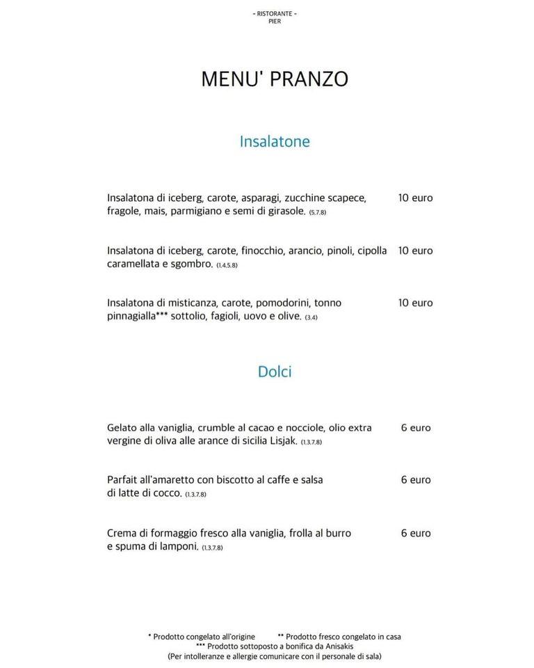 Menu da Pier The Roof ristorante, Trieste