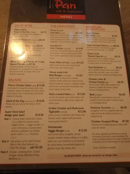 Menu at PAN cafe, Midleton