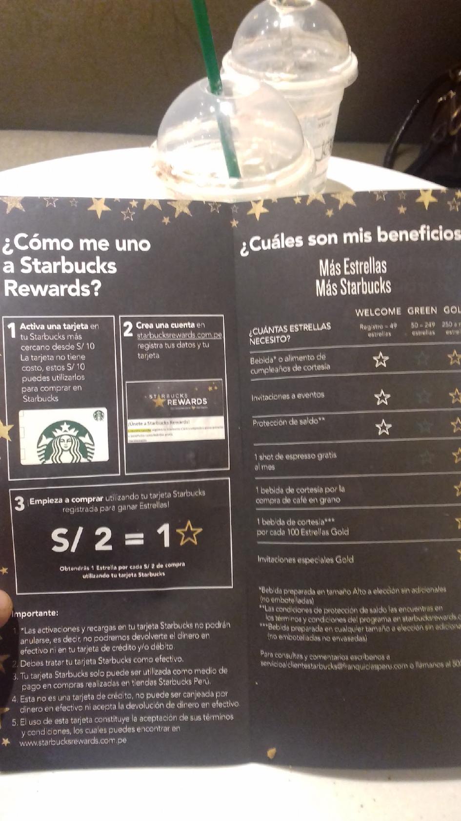 Carta de cafetería Starbucks, Breña, C.C. La Rambla Brasil