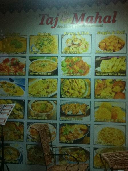 Menu at Taj Mahal restaurant, Chiang Mai
