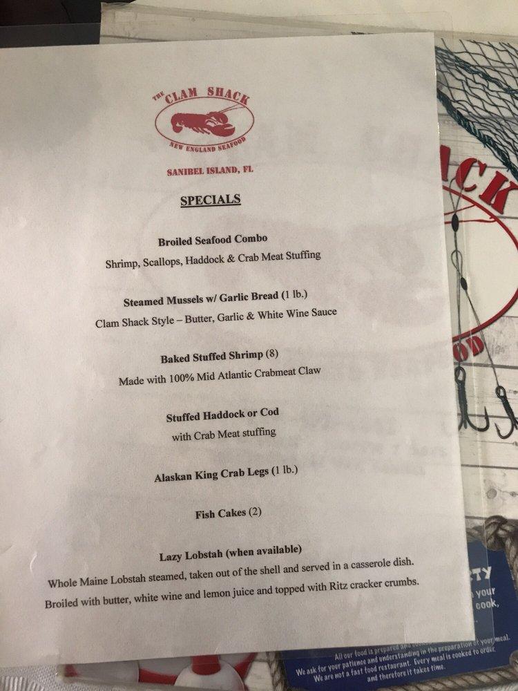 Menu at The Clam Shack restaurant, Sanibel