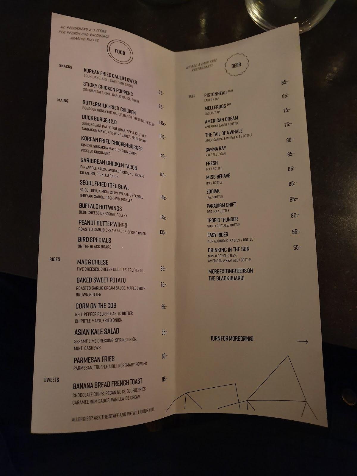 Menu at BIRD CITY restaurant, Stockholm