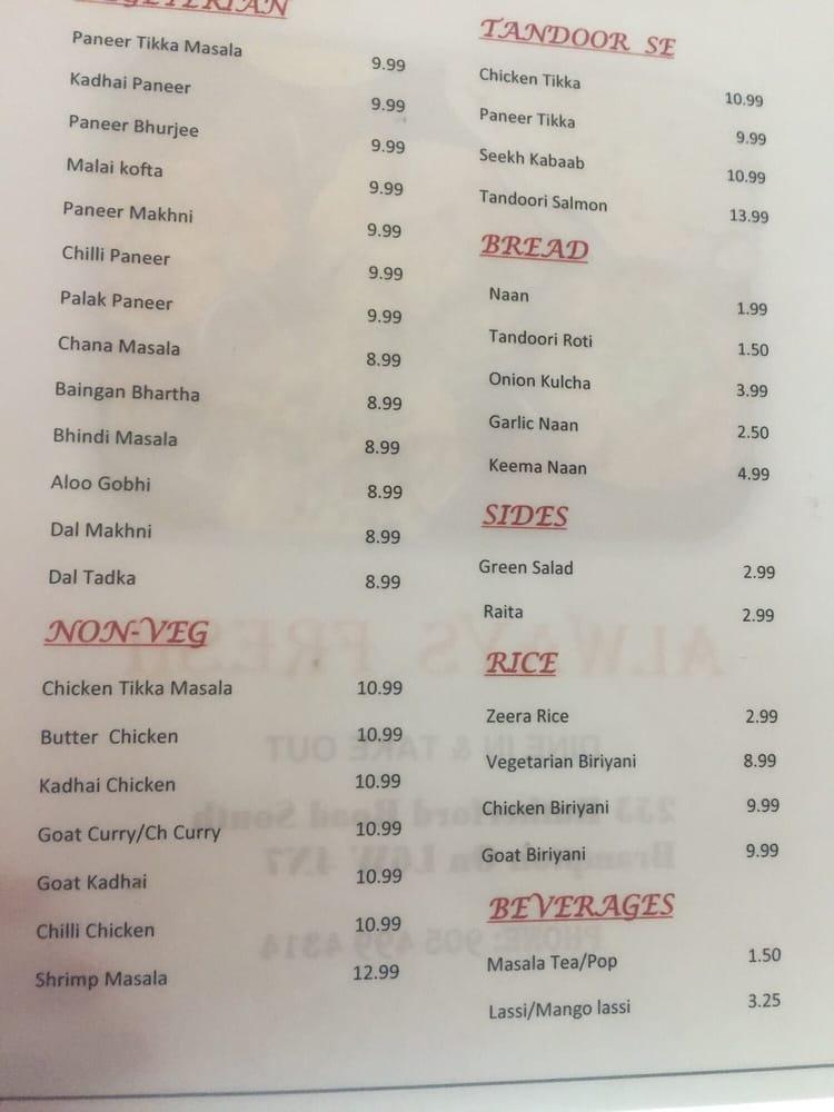 Menu at Baba Dhaba restaurant, Brampton, 255 Rutherford Rd S