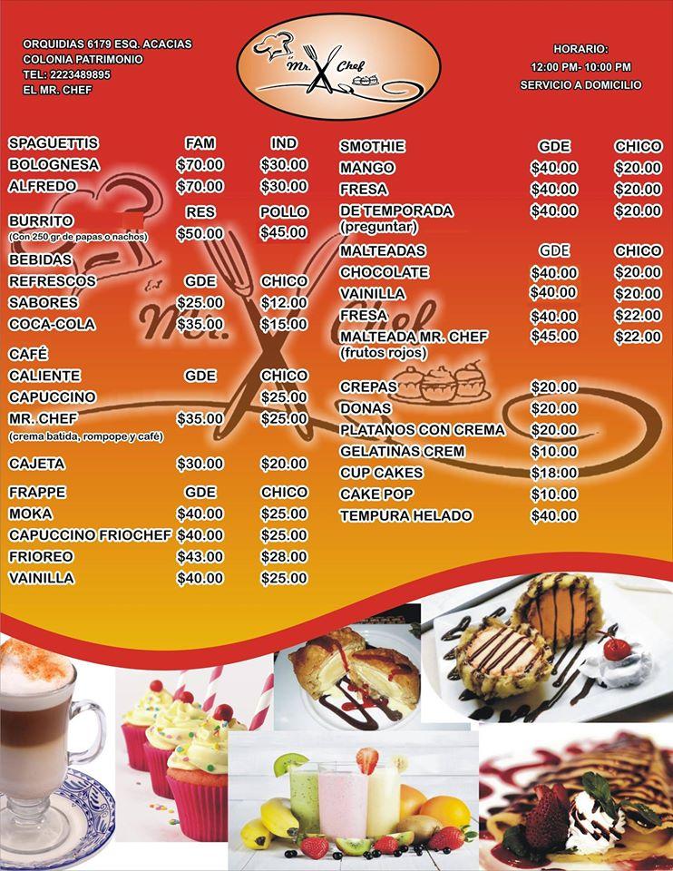 Carta del restaurante El Mr. Chef Puebla, Heroica Puebla del Zaragoza
