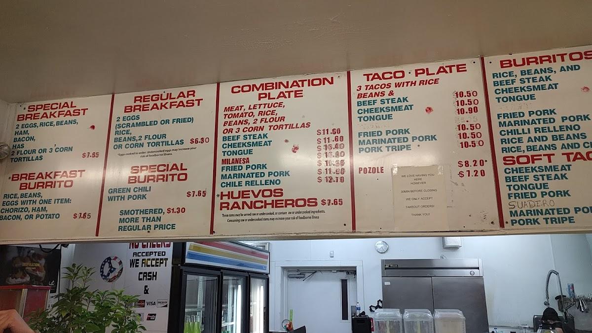 Menu at El Taco De Mexico restaurant, Denver