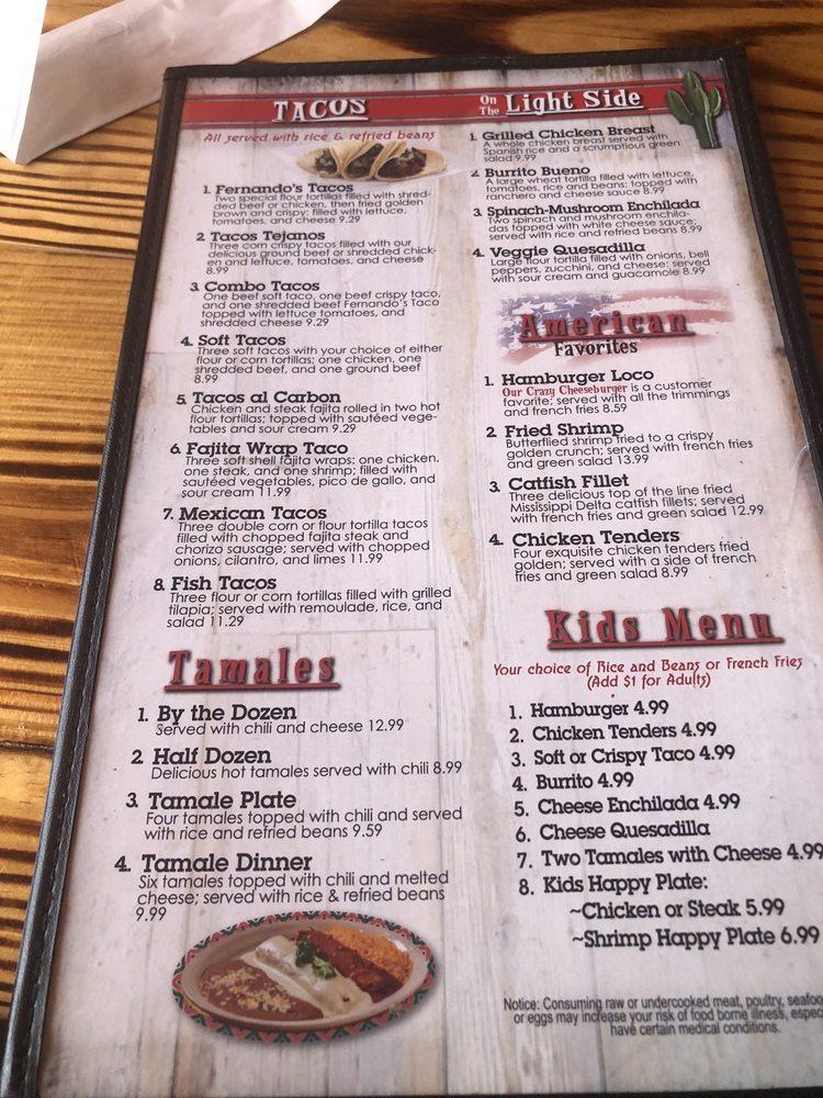 Menu at Fernando's Fajita Factory restaurant, Magee