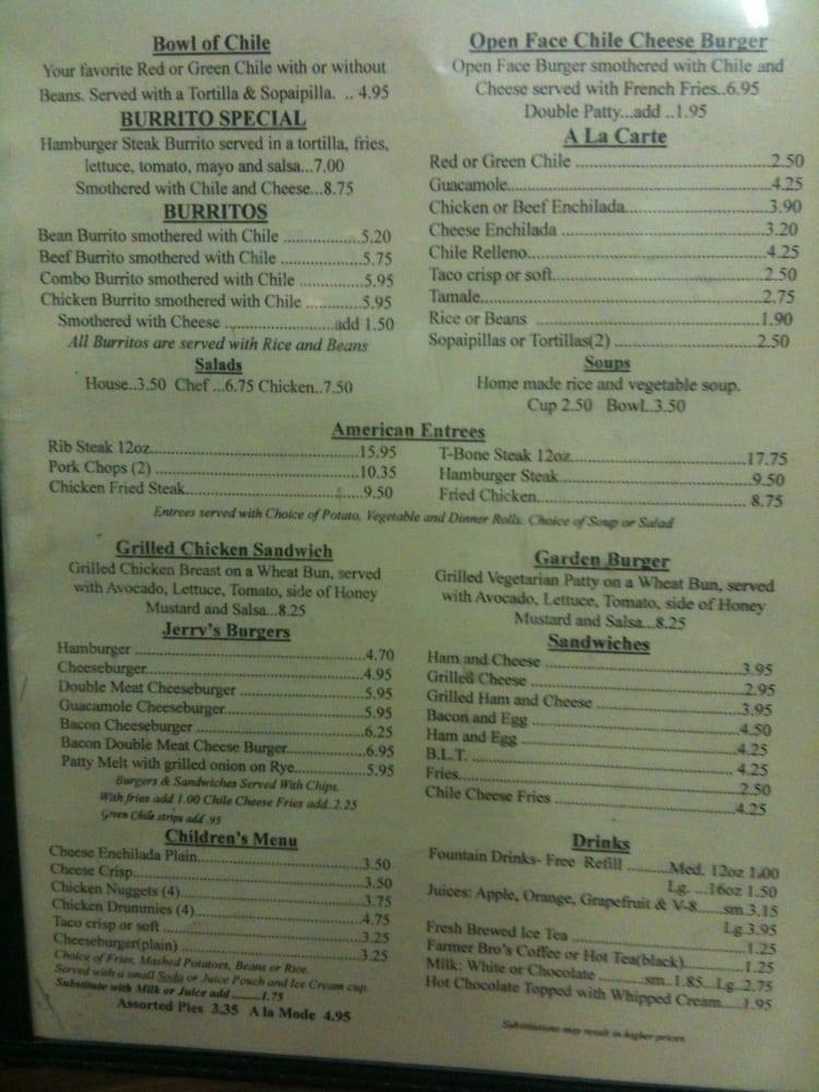 Menu at Jerry's Cafe, Gallup