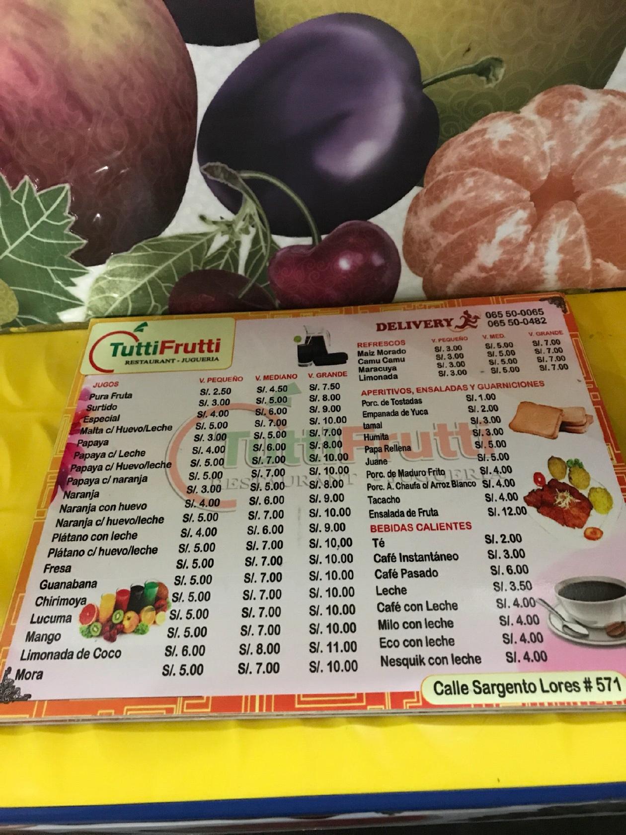 Carta del restaurante Jugueria Tutti Frutti, Iquitos