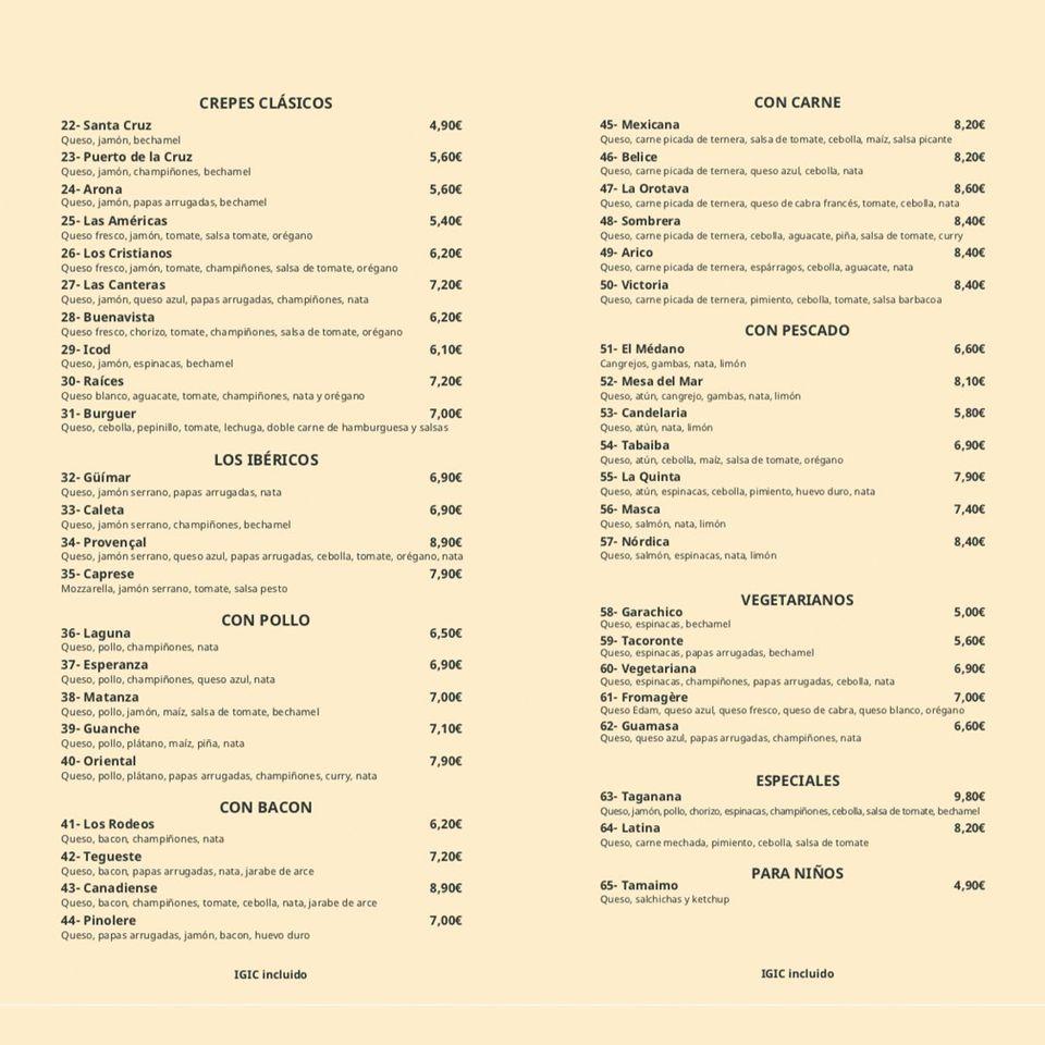 Carta de cafetería Crepería La Bohême, San Cristóbal de La Laguna ...