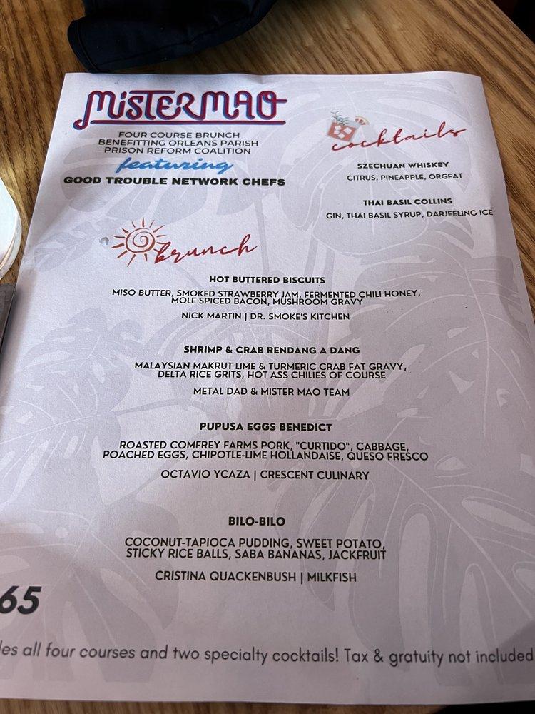 Menu at Mister Mao restaurant, New Orleans