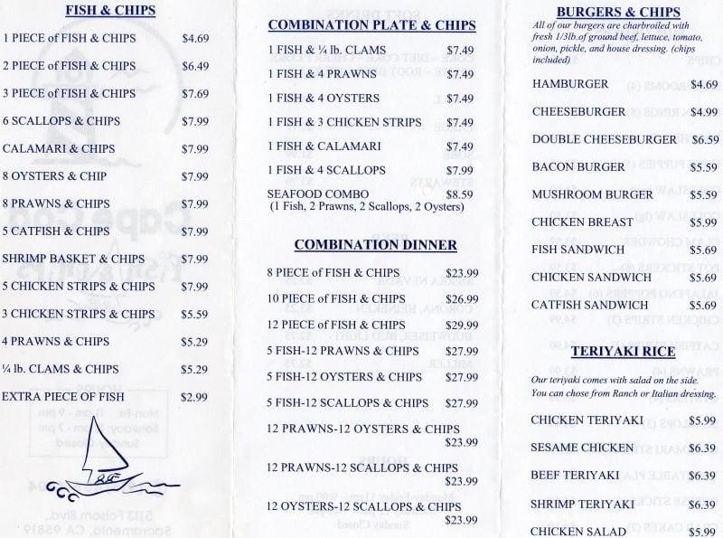 Menu at Cape Cod Fish & Chips restaurant, Sacramento