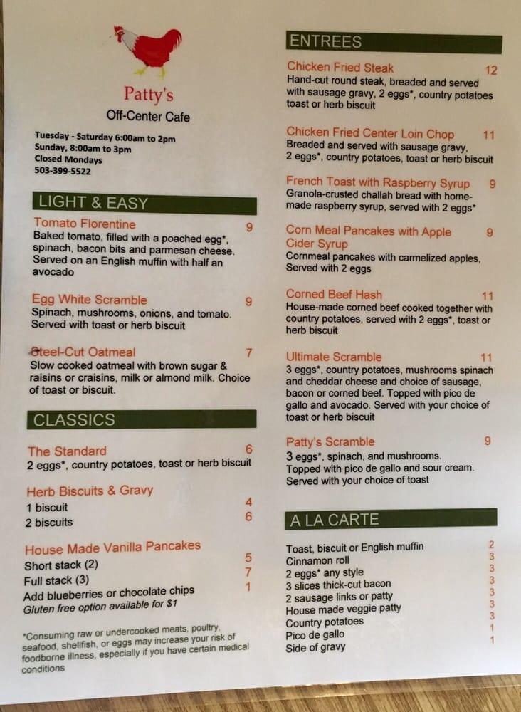 Menu at Patty's Off-Center Cafe, Salem