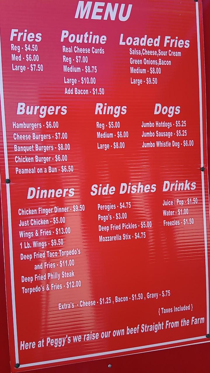 Menu at Peggy's Chip Truck restaurant, Canada, Simcoe County Rd 169