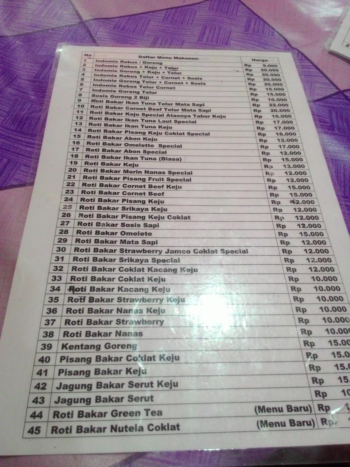 Menu at Roti Bakar & Susu Murni "Adem Ayem", Semarang