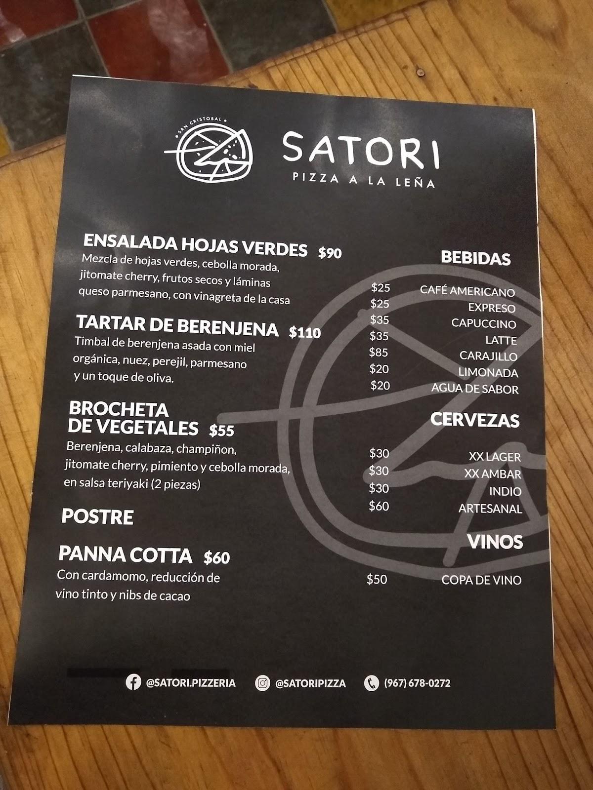 Menu at Pizza Satori restaurant, San Cristóbal de las Casas