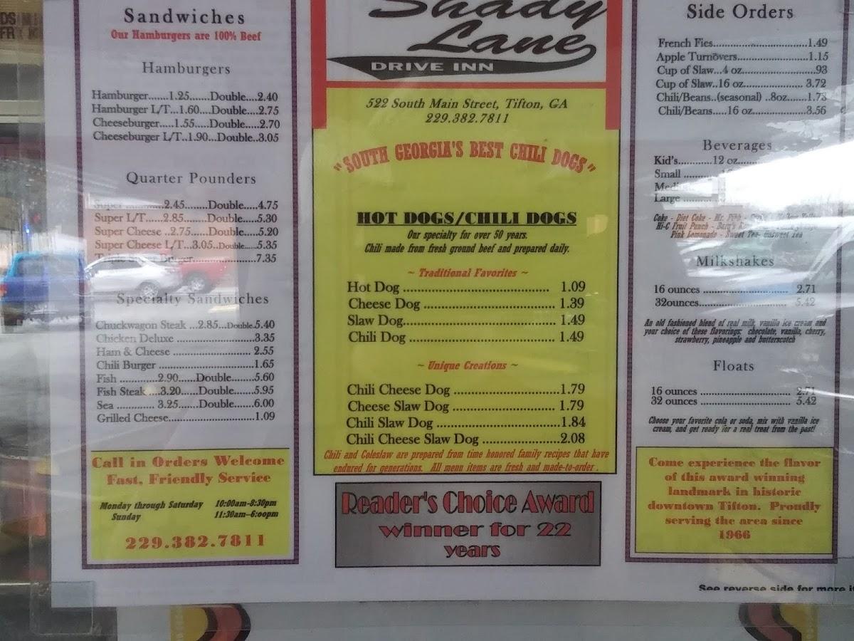 Menu at Shady Lane Drive Inn restaurant, Tifton