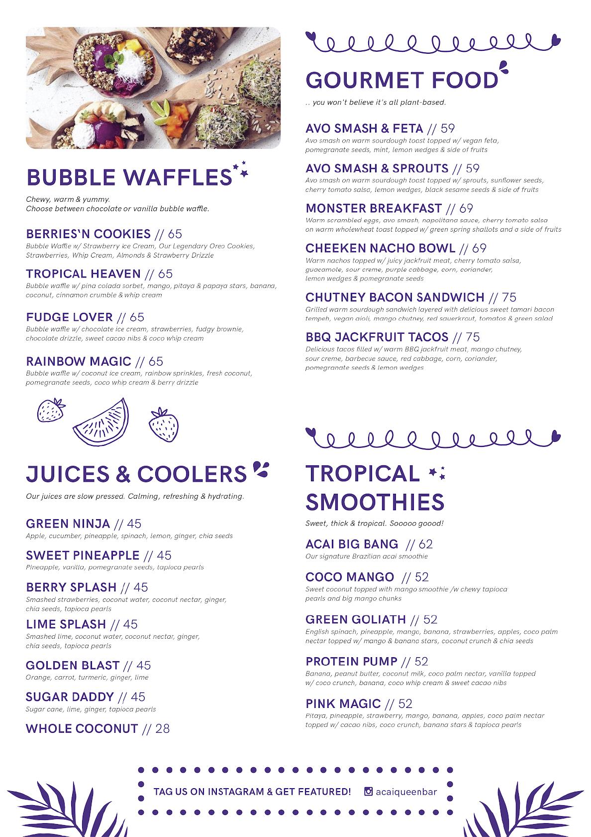 Menu at Acai Queen cafe, Ubud, Jl. Monkey Forest No.15