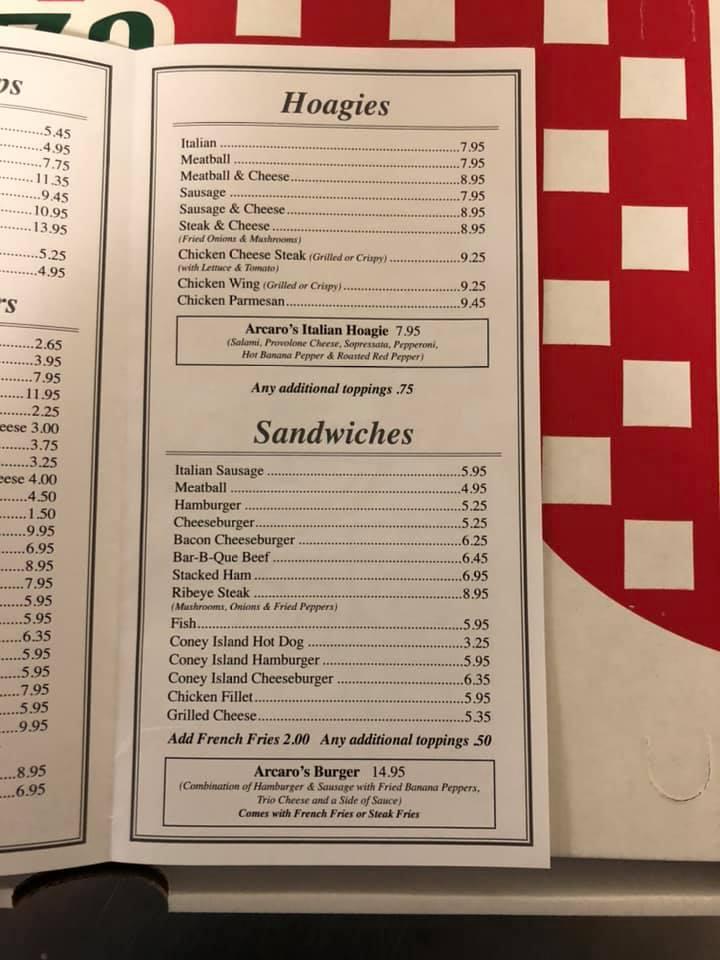 Menu at Arcaro's Pizza restaurant, Scranton, S Main Ave