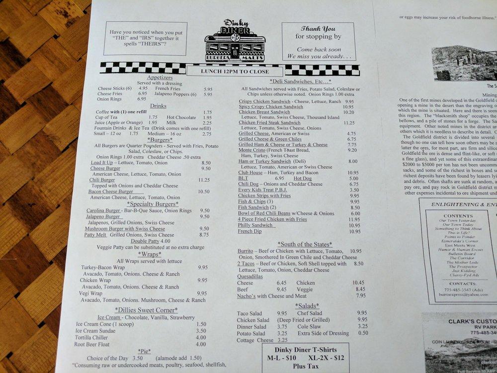 Menu at Dinky Diner restaurant, Goldfield