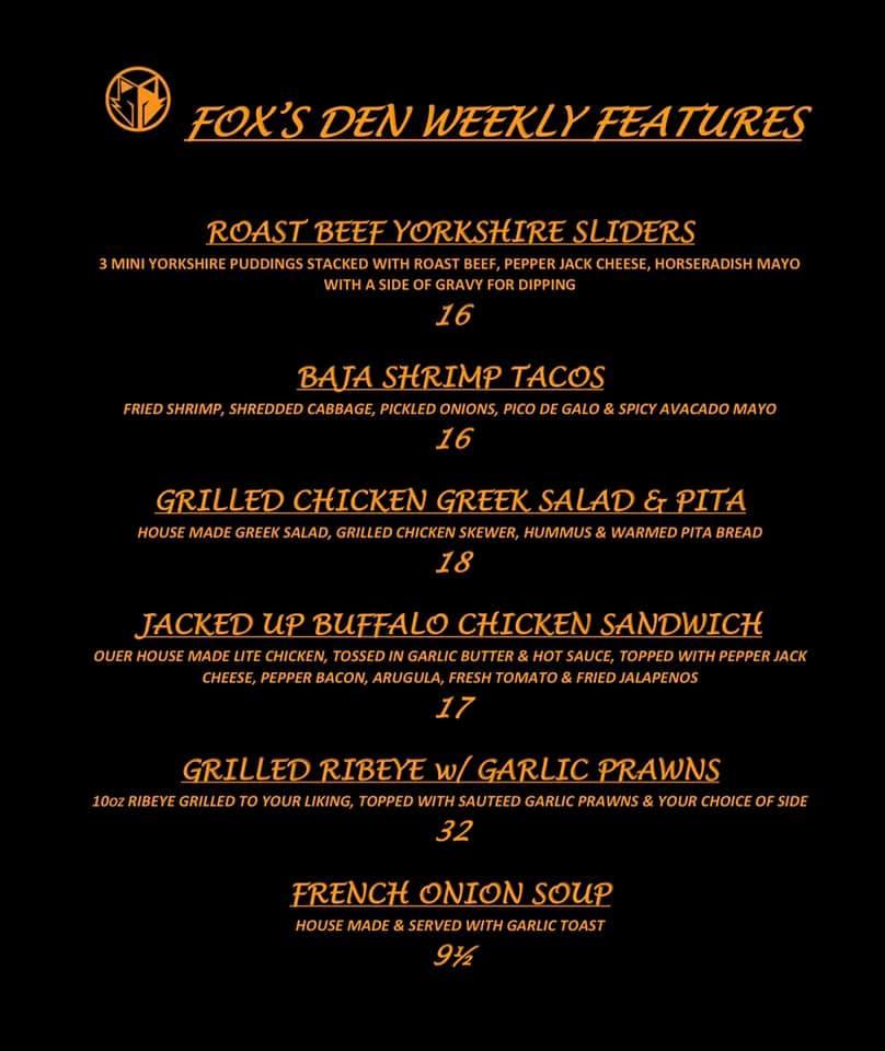 Menu at Fox's Den Bar & Grill, Williams Lake