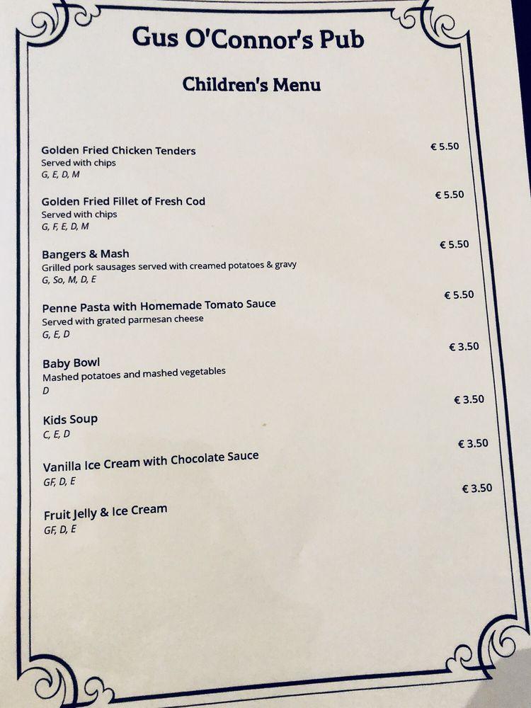 Menu at Gus O'Connor's Pub, Doolin