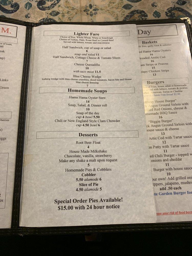 Menu at Halfway House Restaurant/Rv Pk, Brinnon