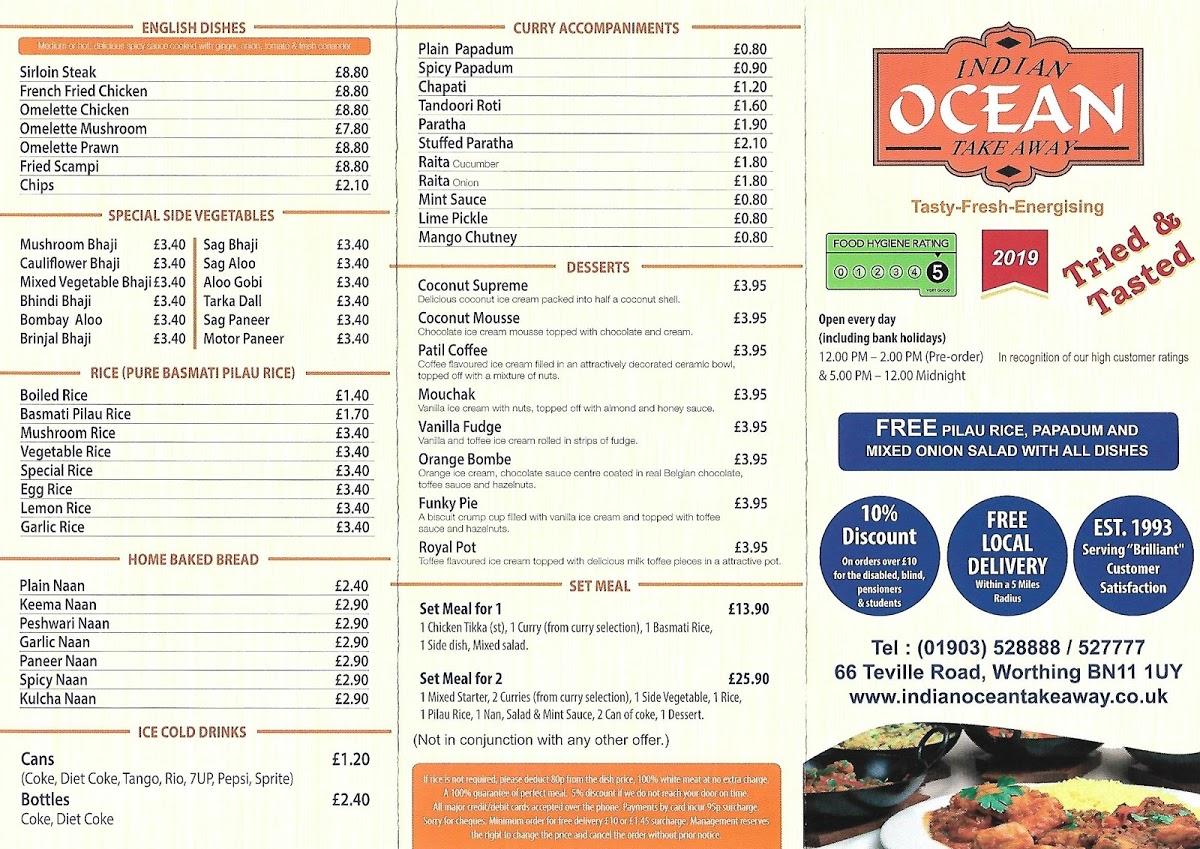 Menu at Indian Ocean fast food, Worthing