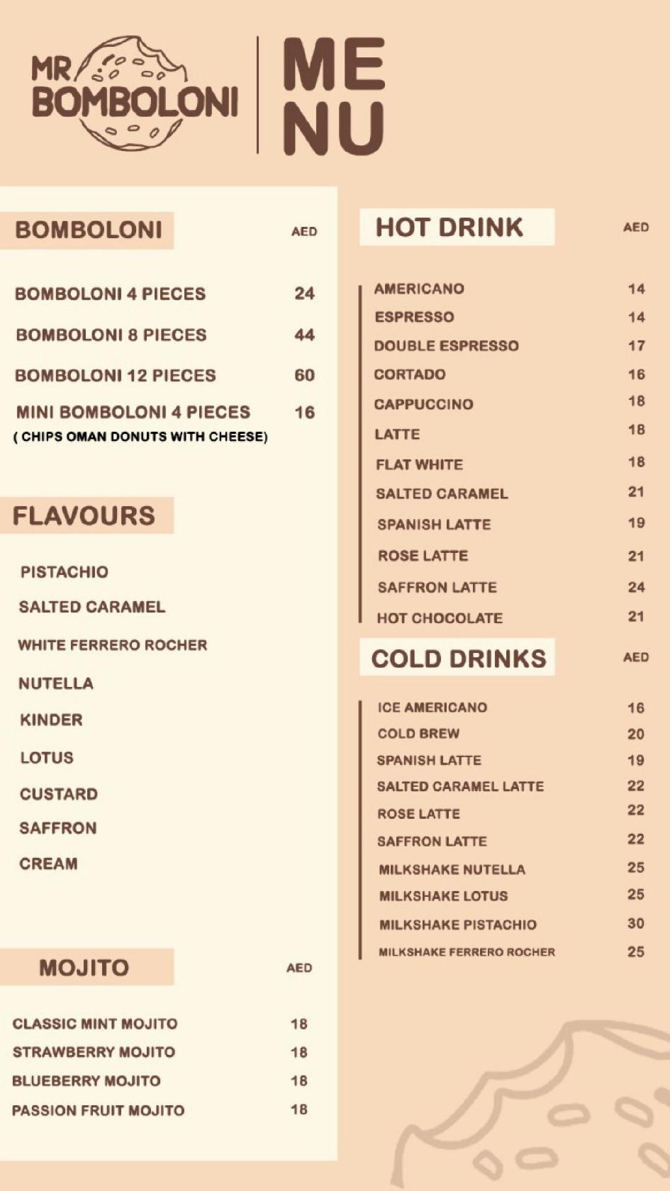 Menu at MR BOMBOLONI cafe, Abu Dhabi, Bani Yas close To Yasmart