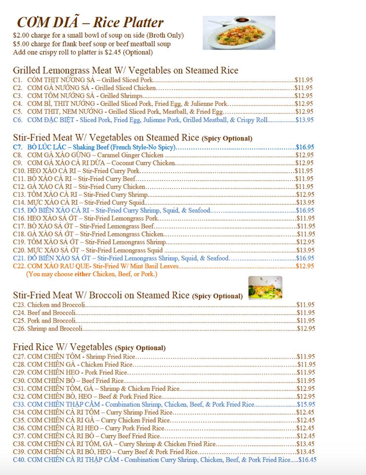 Menu at Pho Bistro restaurant, York