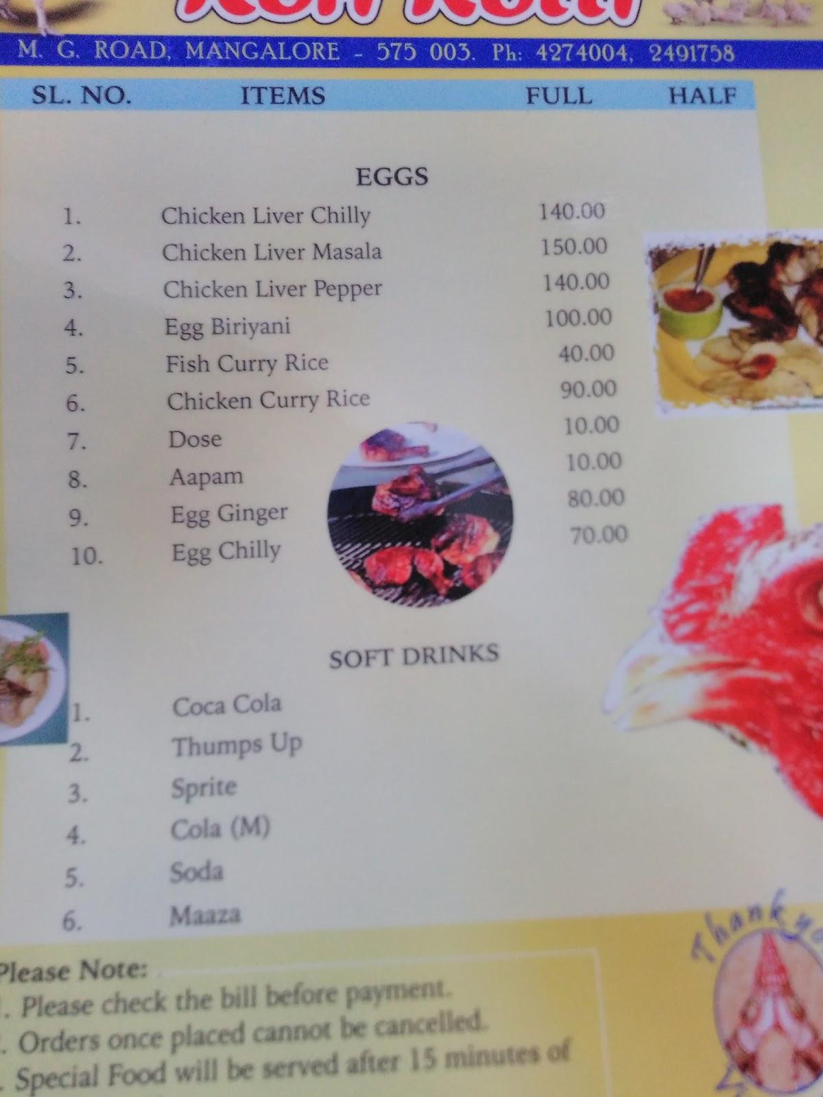 Menu at Shetty's Kori Rotti, Mangaluru