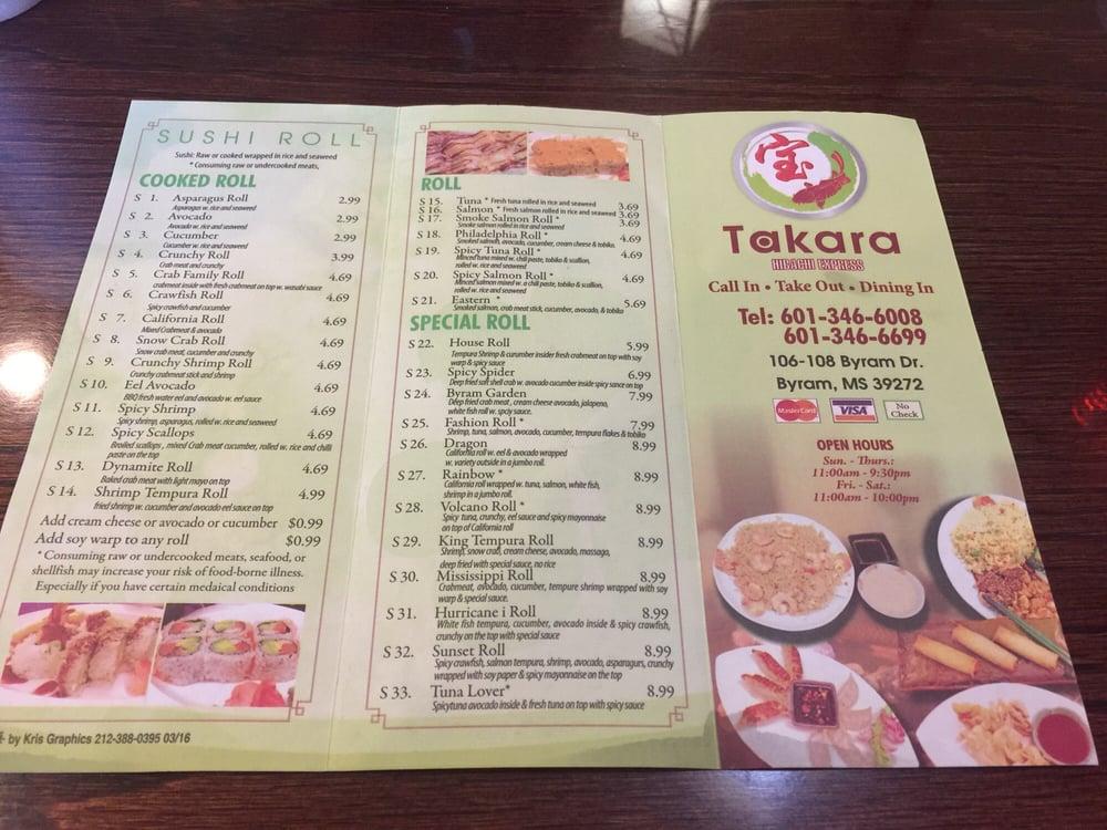 Menu at Takara Hibachi Express restaurant, Byram