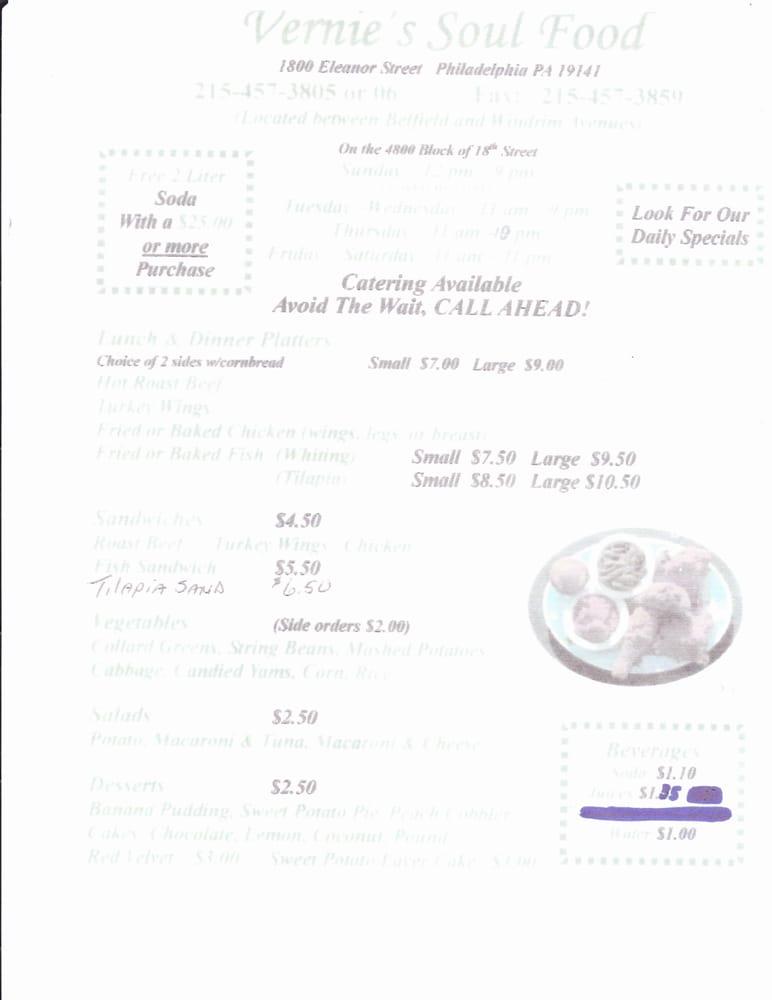 Menu at Vernie's Soul Food Inc restaurant, Philadelphia