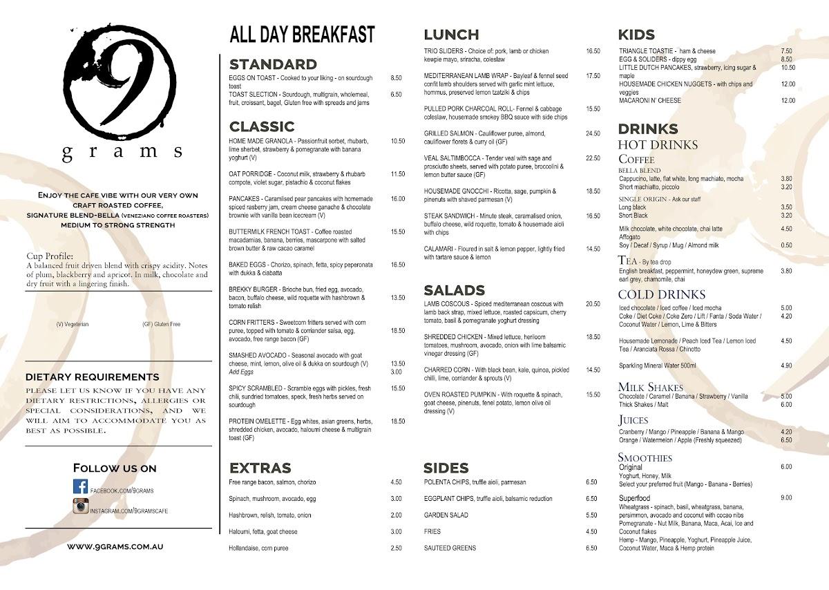 Menu at 9grams restaurant, Newtown, 1/343 Pakington St
