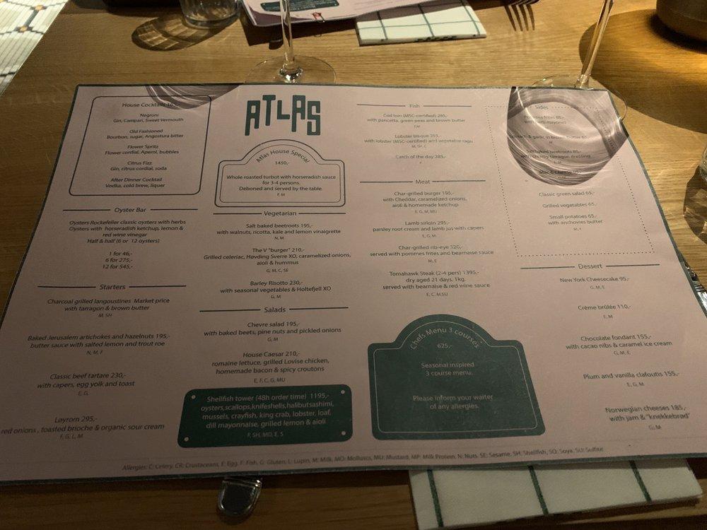 Menu at Atlas Brasserie & Café restaurant, Oslo