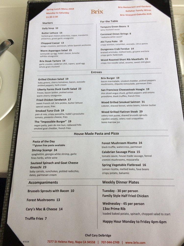 Menu at Brix pub & bar, Yountville