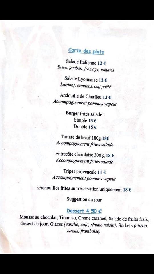 Menu at Café Restaurant de la Tour, Charlieu