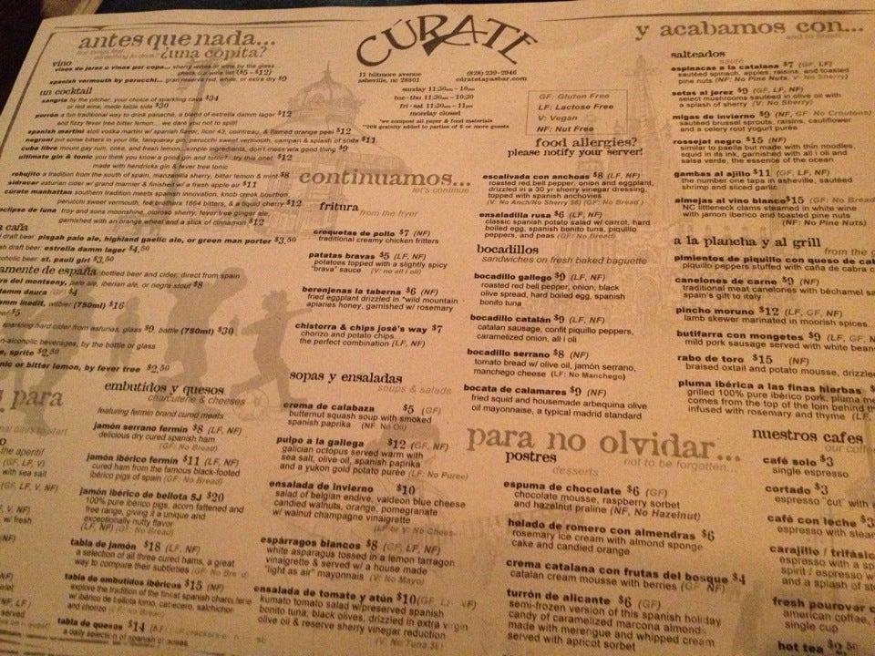 Menu at Cúrate pub & bar, Asheville