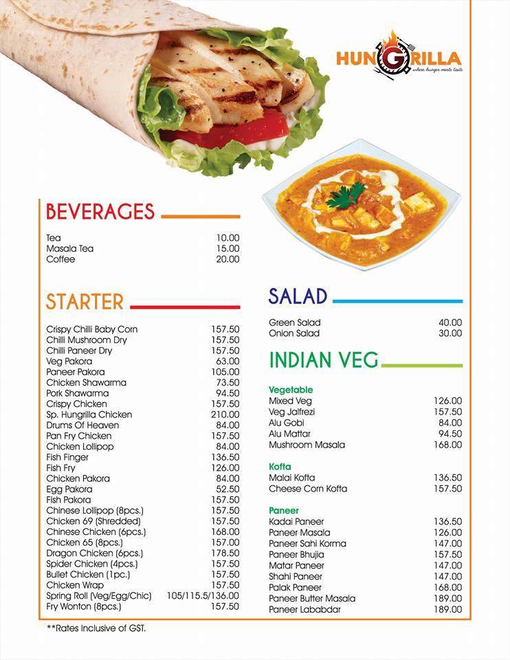 Menu at Hungrilla, Agartala