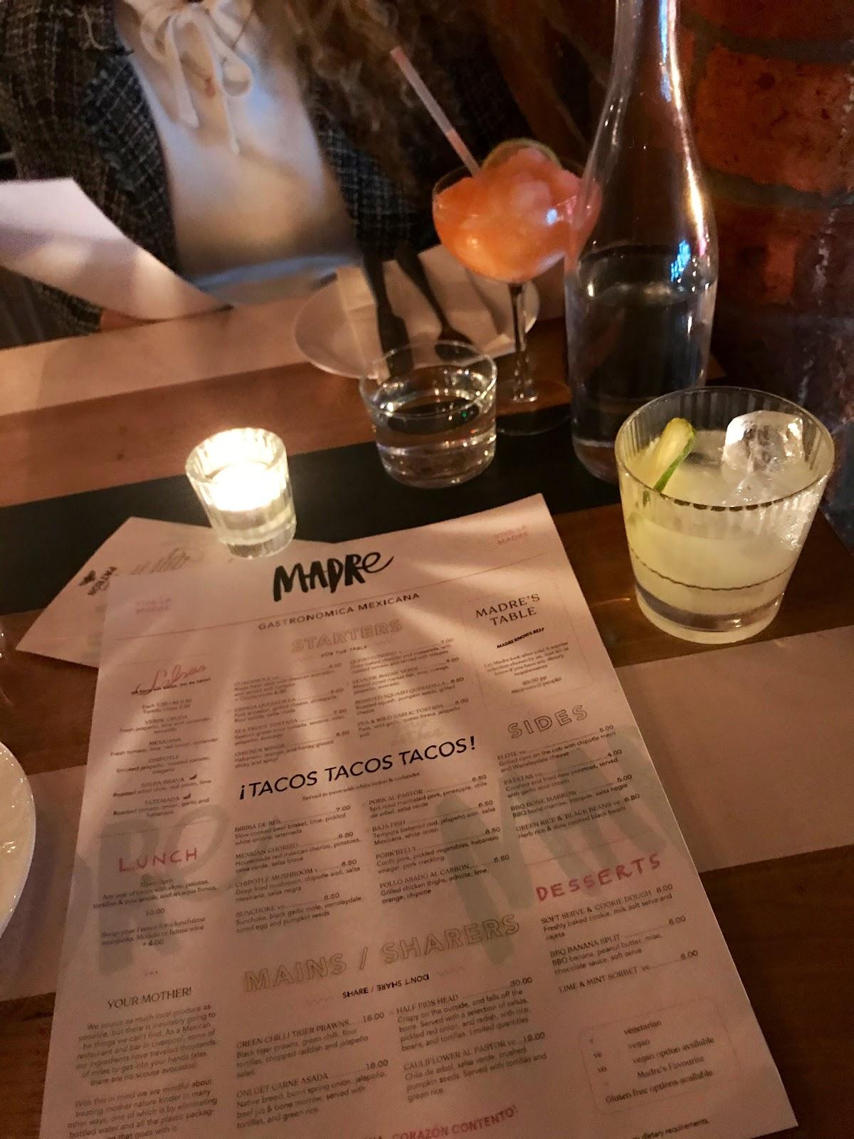 Menu at Madre restaurant, Liverpool