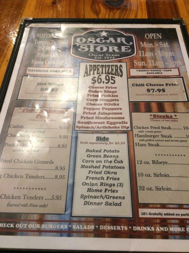 Menu at Oscar Store steakhouse, Temple, Oscar Spur