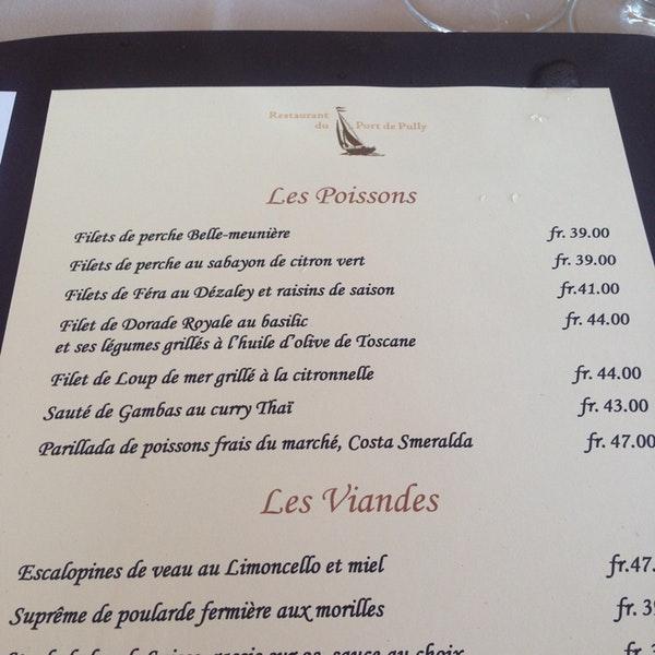 Menu au Restaurant du Port de Pully, Pully