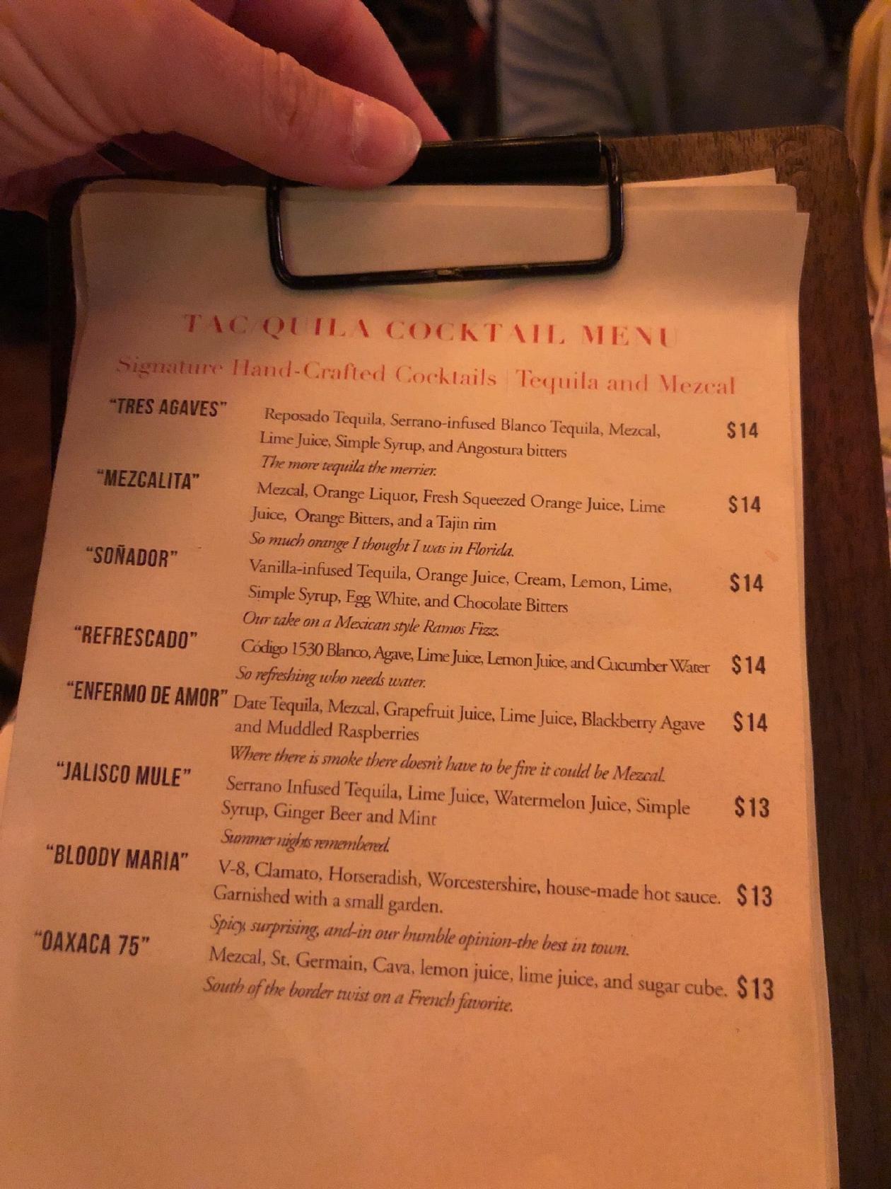 Menu at Tac/Quila restaurant, Palm Springs