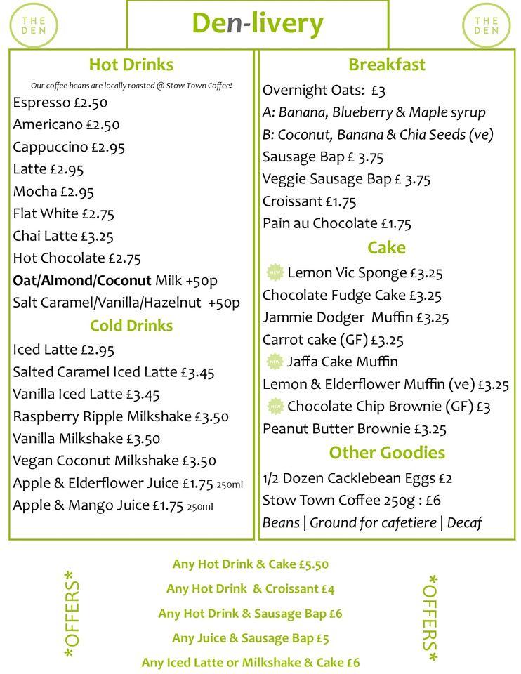 Menu at The Den cafe, Bourton-on-the-Water