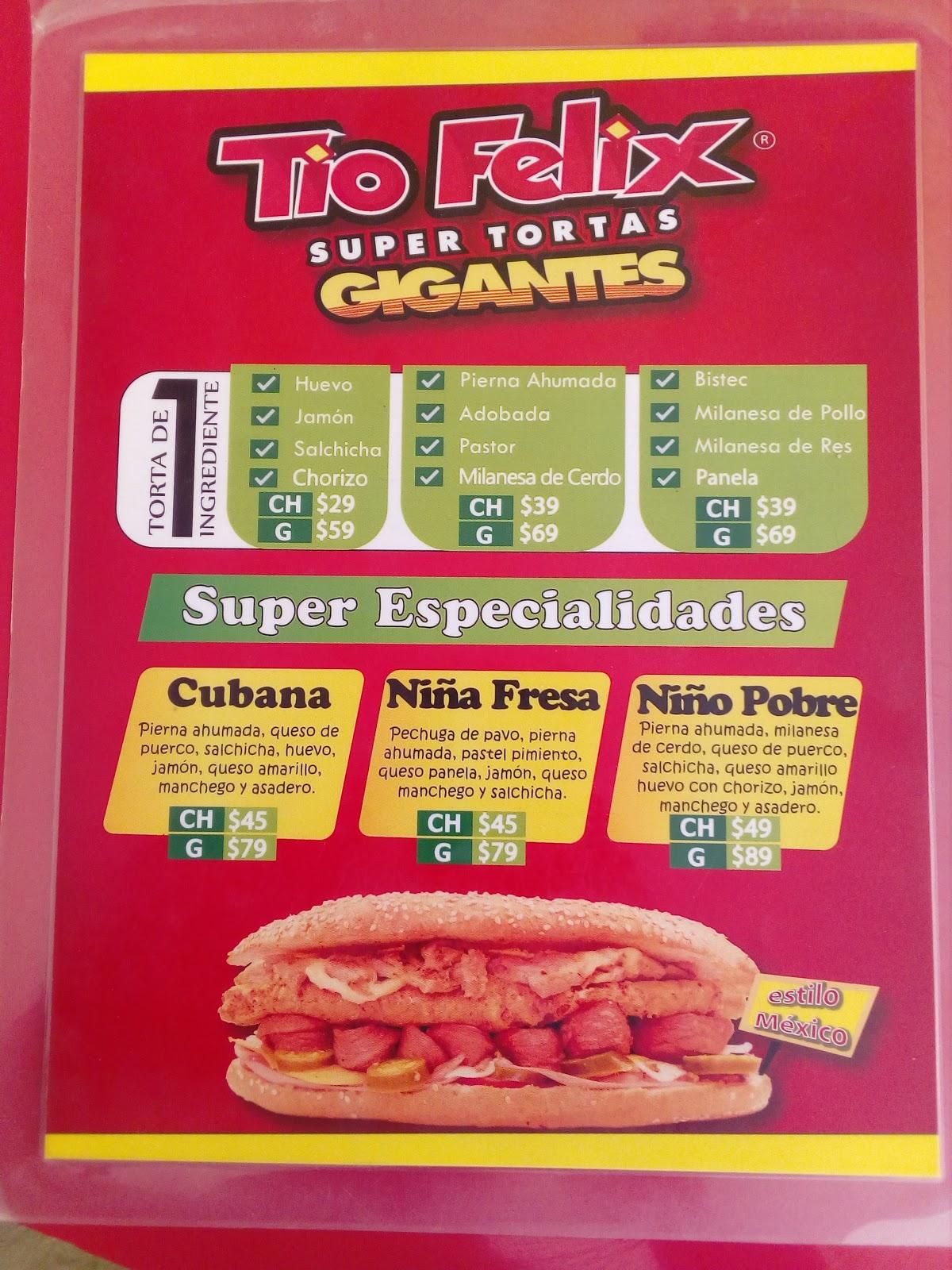 Carta del restaurante Tío Félix Súper Tortas Gigantes, Aguascalientes