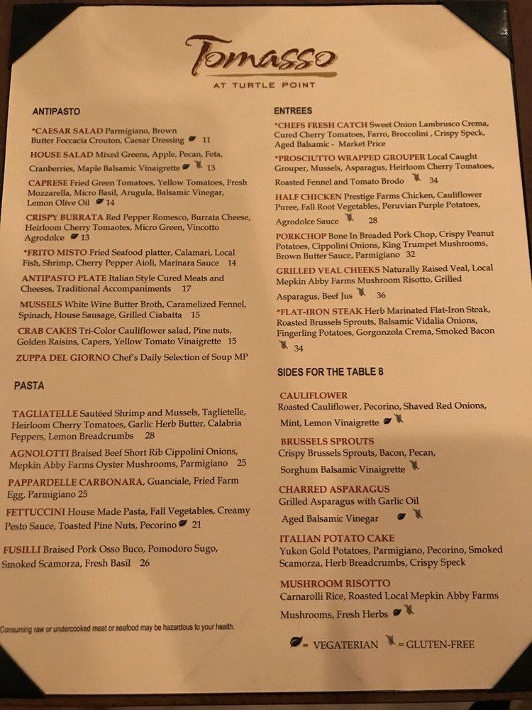 Menu at Tomasso restaurant, Kiawah Island