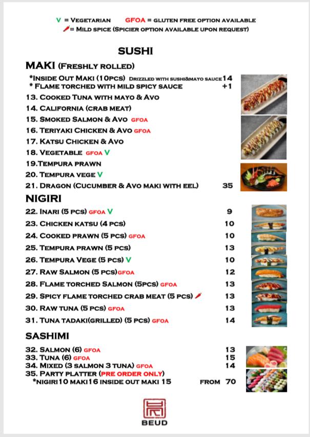 Menu at Beud restaurant, Maitland